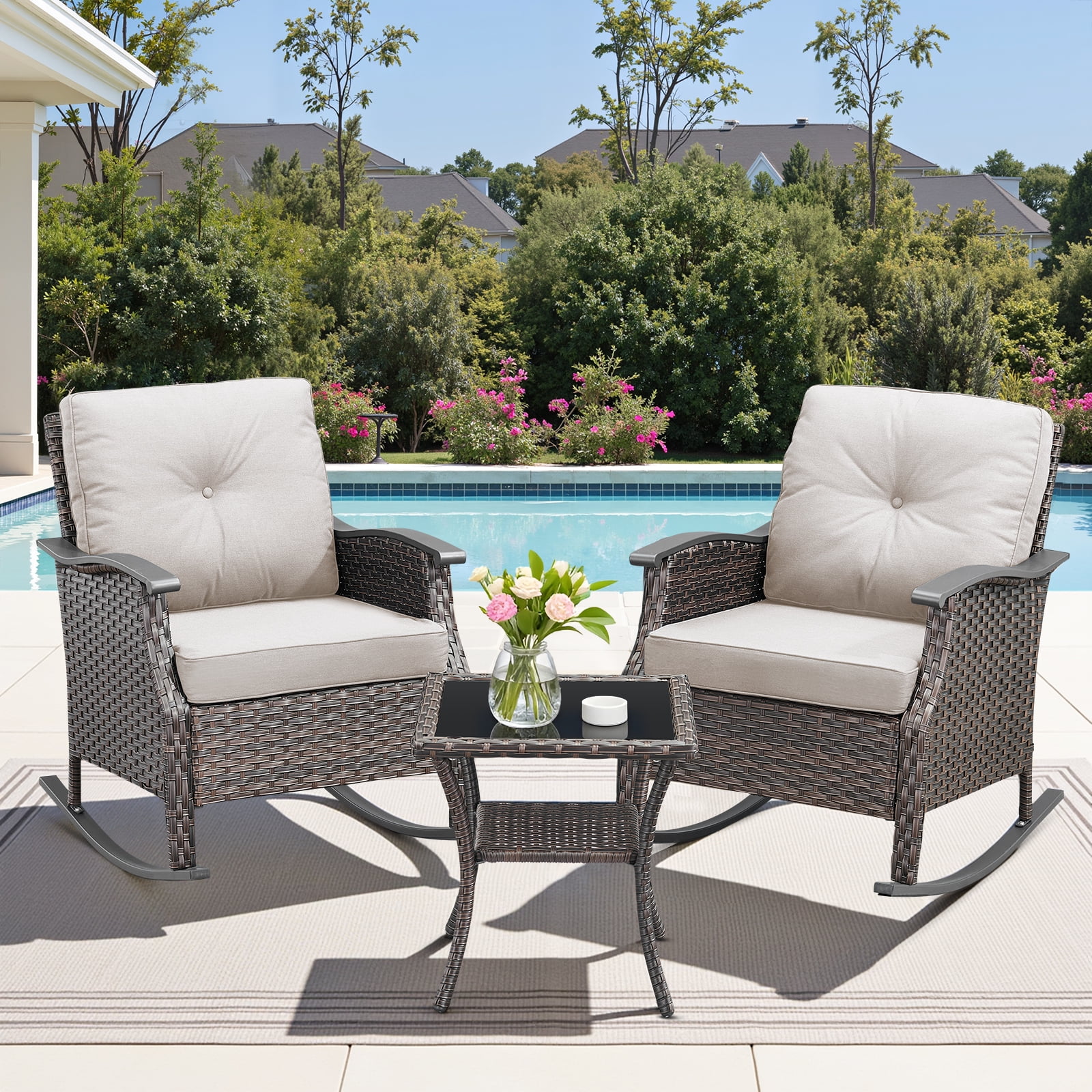 PPorfamilia 3PCS Outdoor Rocking Chairs Table Set, Patio Bistro ...