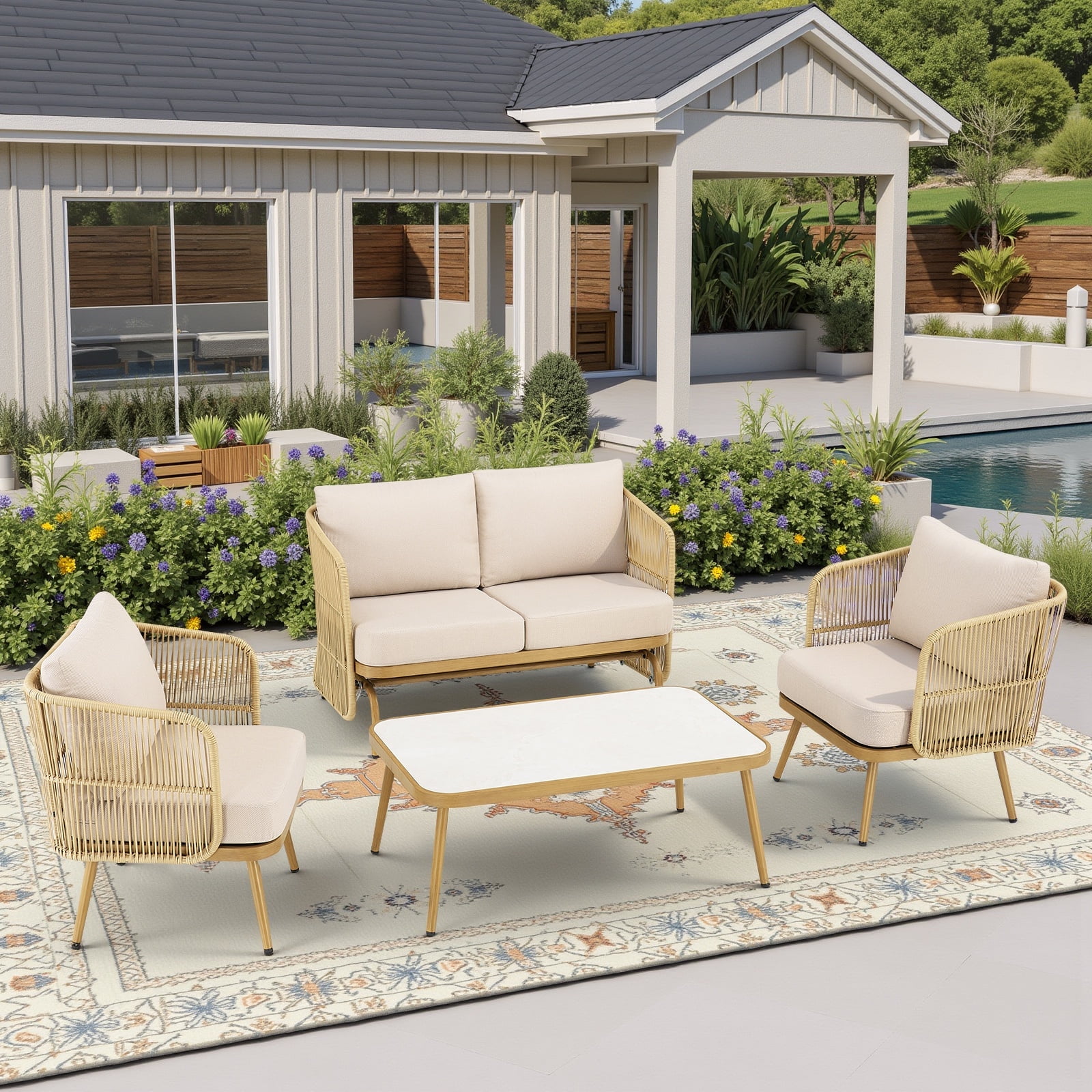 PPorfamilia 4 Piece Outdoor PE Wicker Furniture Set with Glider ...