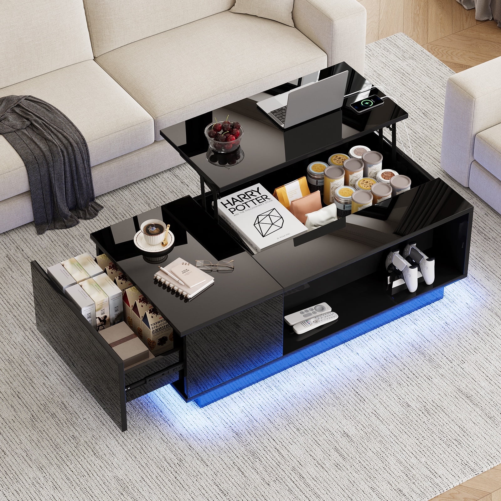 PPorfamilia 47" LED Lift Top Coffee Table, Modern High Glossy Coffee ...