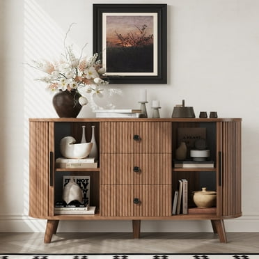 HLR 47.6" Storage Cabinets with 4 Arched Glass Doors, Side Board Buffet Cabinet for Living Room ...