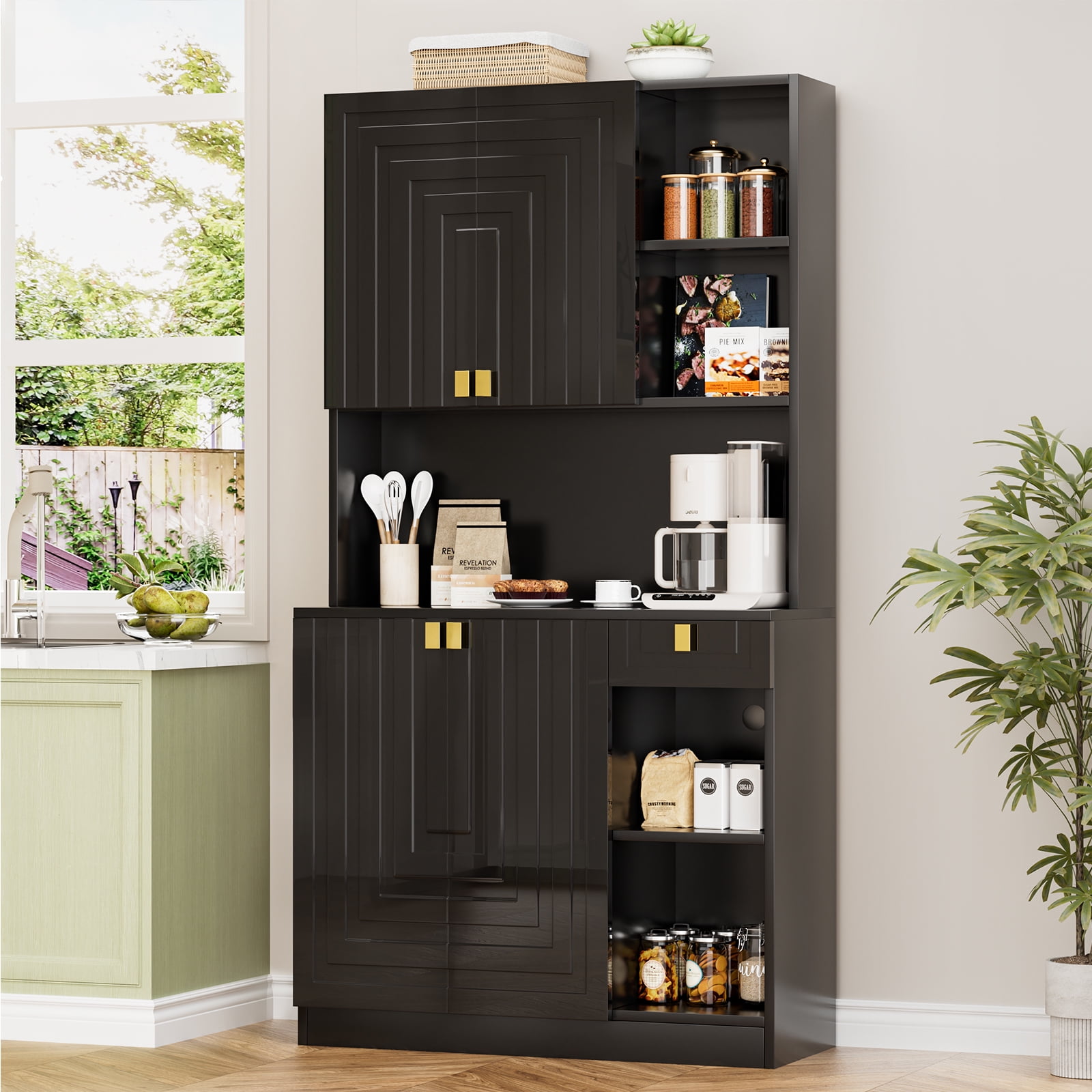 PPorfamilia 70" Tall Black Kitchen Pantry Hutch with 4 Doors, Large ...
