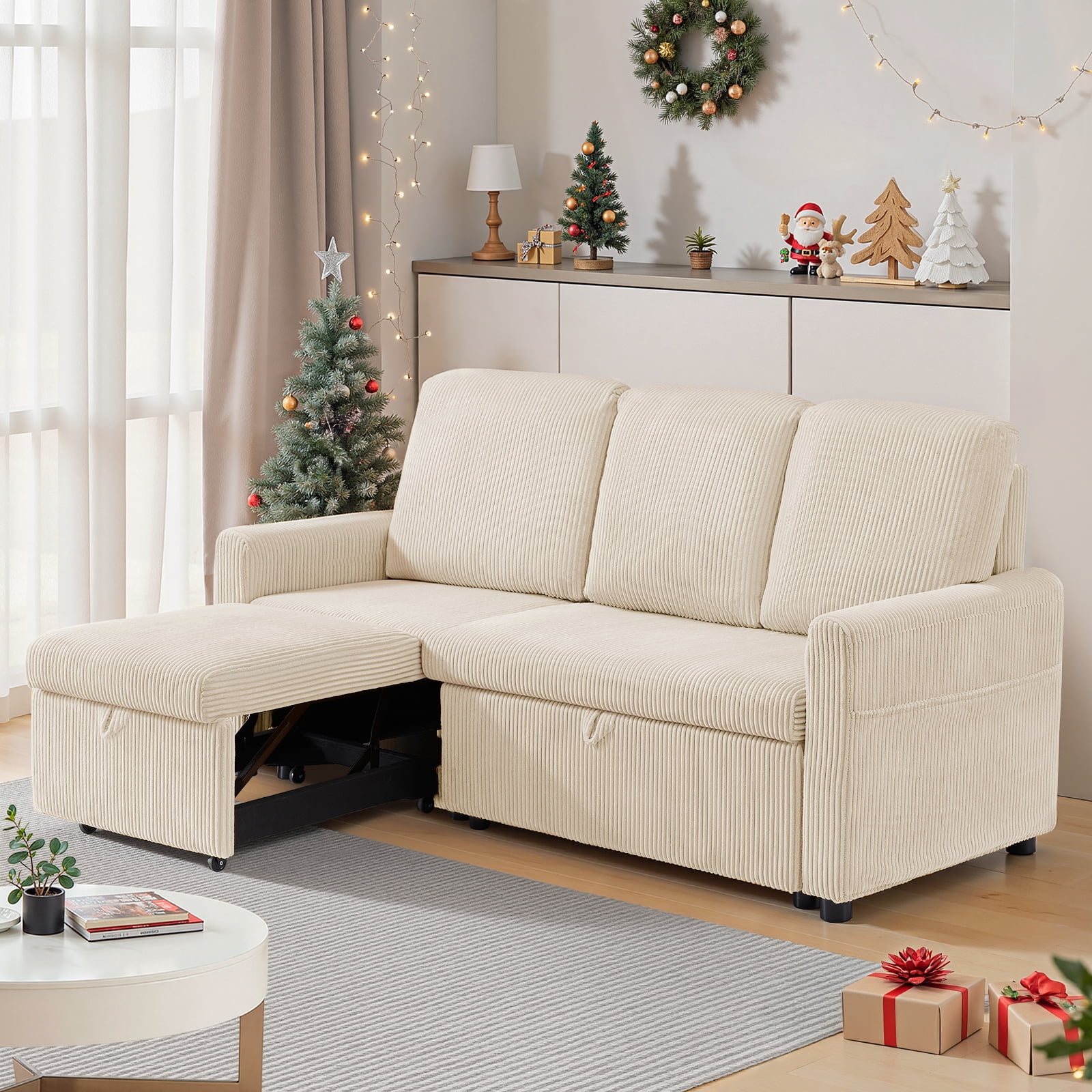 PPorfamilia 71'' 3-Seater Sofa with Pull Out Chaise, 2-in-1 Modern ...
