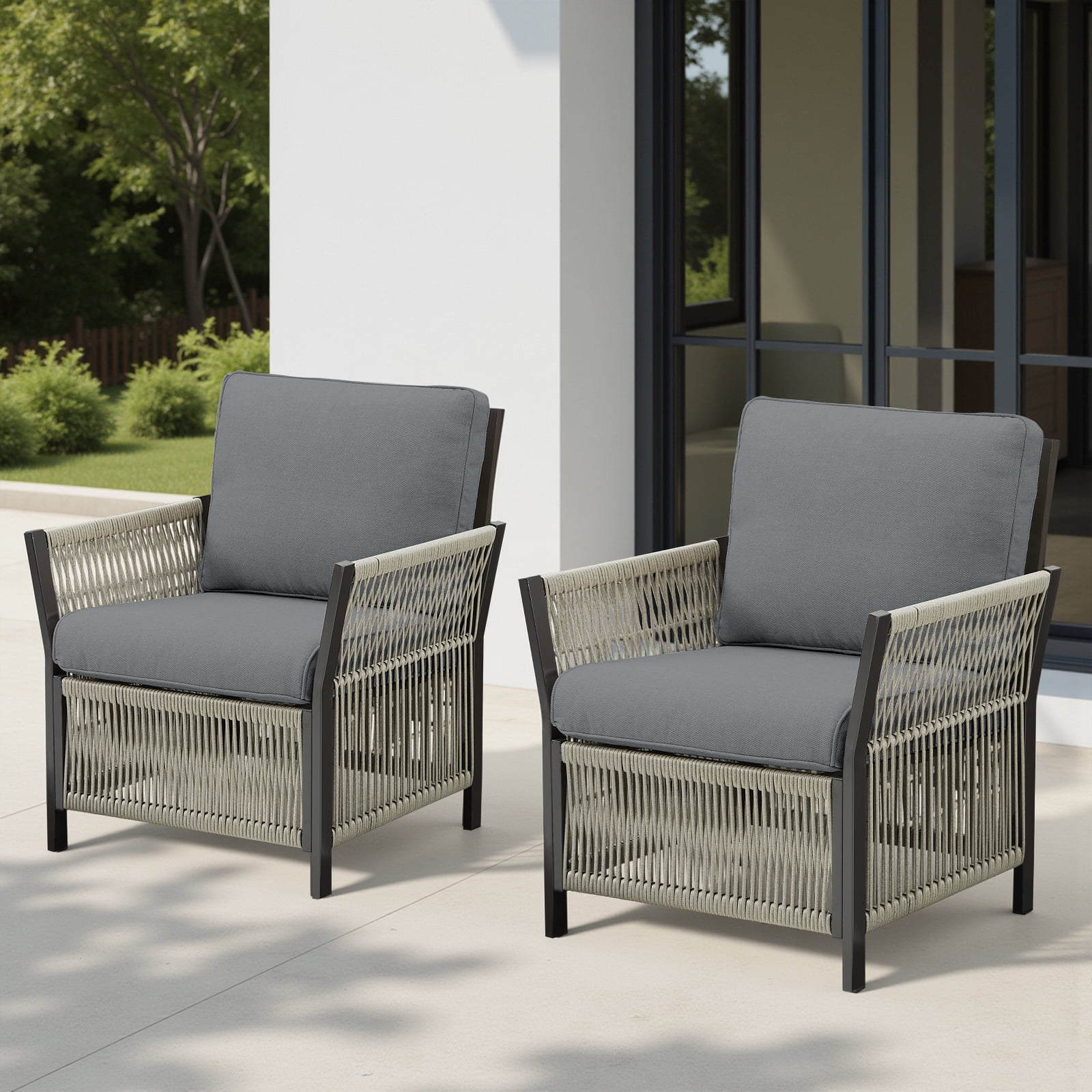 PPorfamilia Outdoor Single Chairs Set of 2, Cushioned Patio Wicker Arm ...