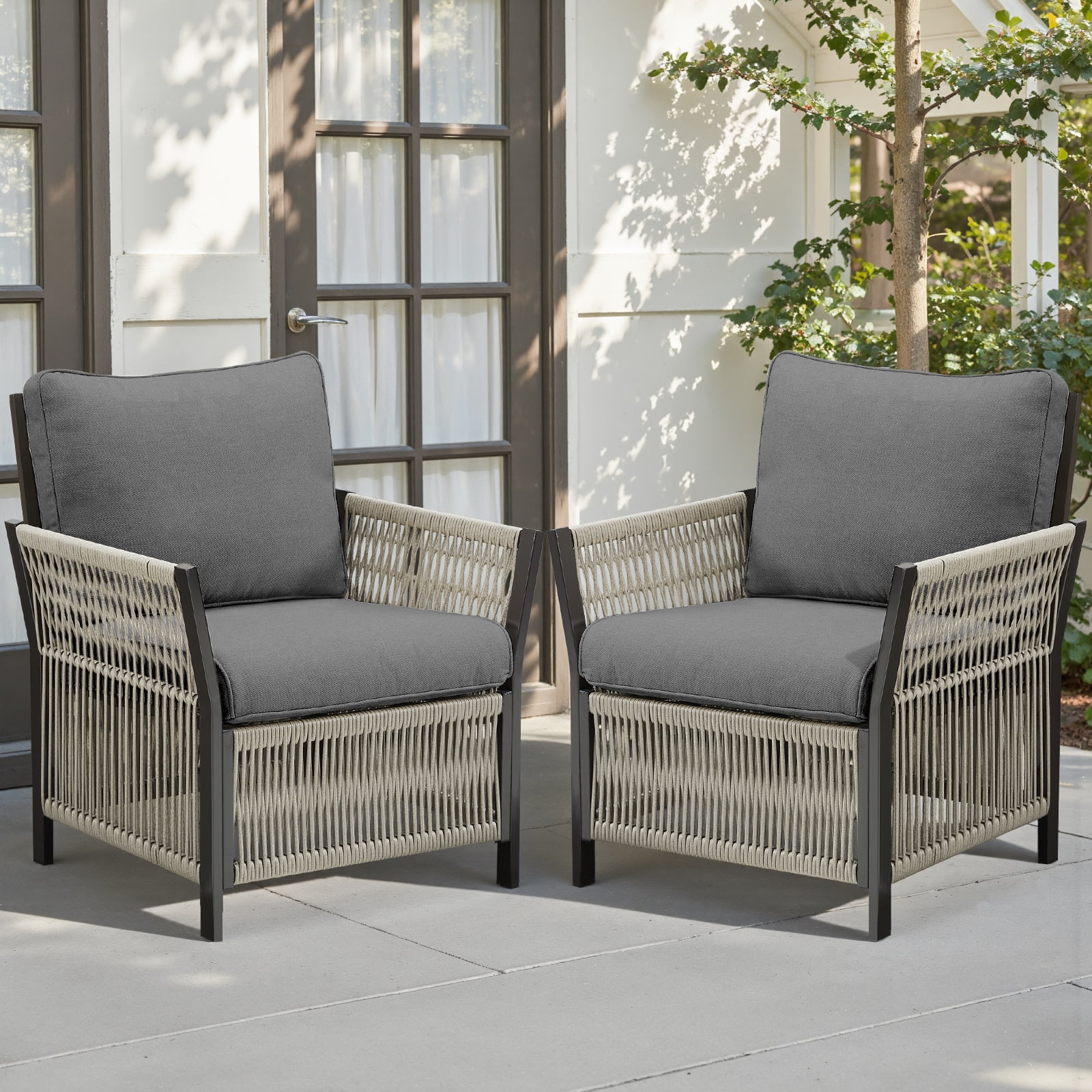 PPorfamilia Outdoor Single Chairs Set of 2, Cushioned Patio Wicker Arm ...