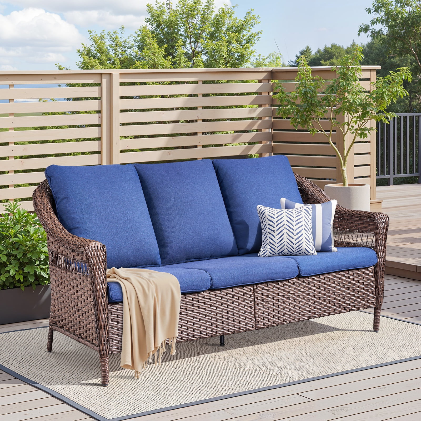 PPorfamilia Outdoor Sofa, Patio PE Wicker 3-Seat Sofa with Navy ...