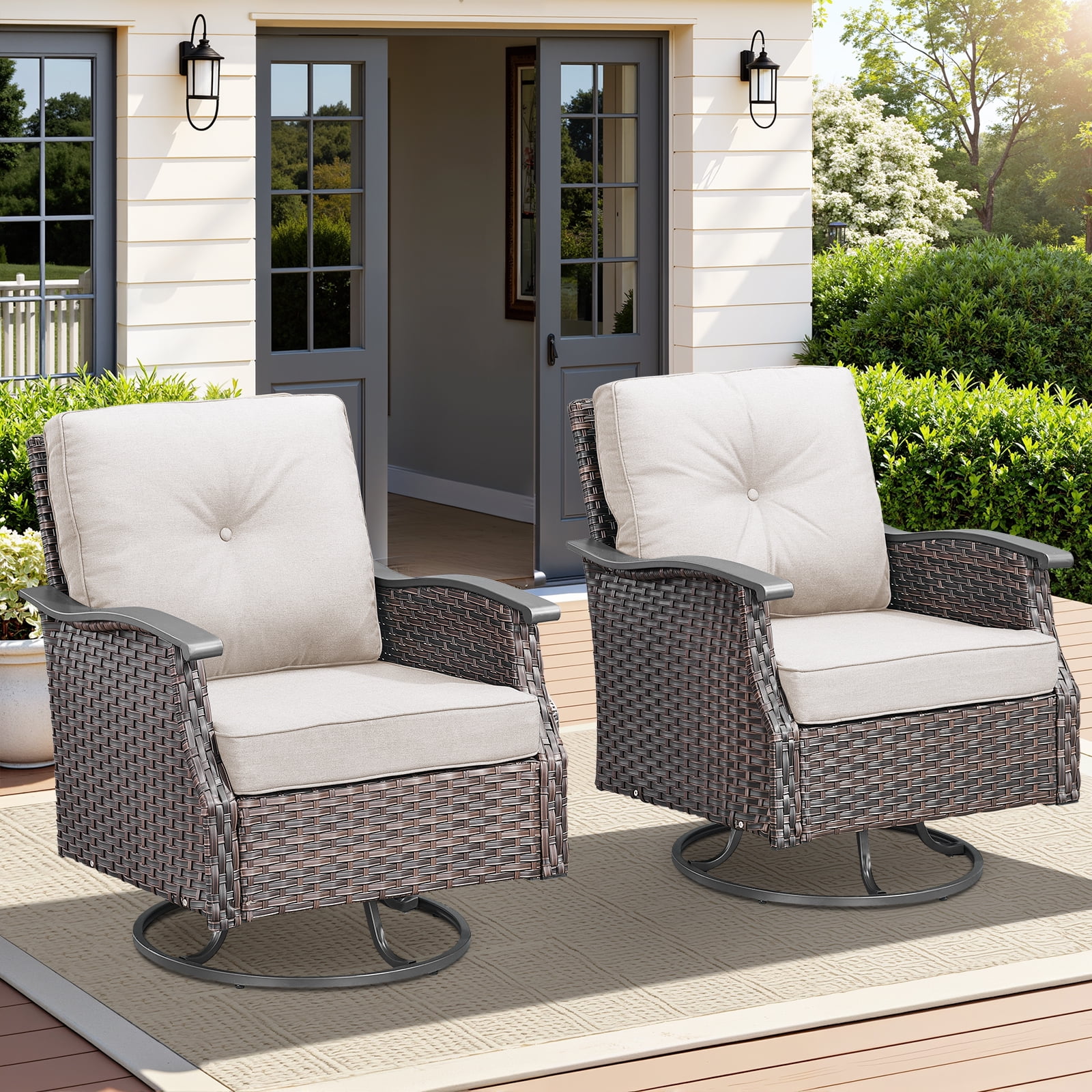 PPorfamilia Outdoor Swivel Chairs Set of 2, Patio All Weather PE Rattan ...