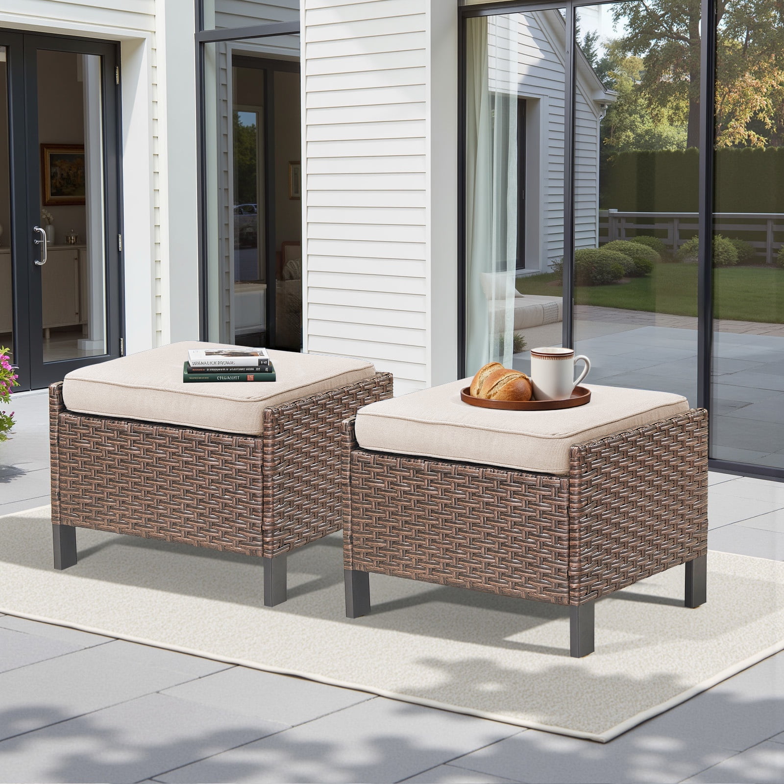 PPorfamilia Patio Ottomans Set of 2, PE Rattan Outdoor Sectional ...