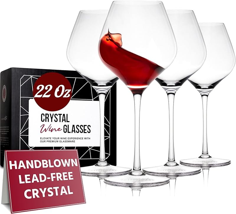 PQSM Crystal Wine Glasses Set of 4, 22 Oz Long Stem Modern Wine Glasses for White and Red Wine ...