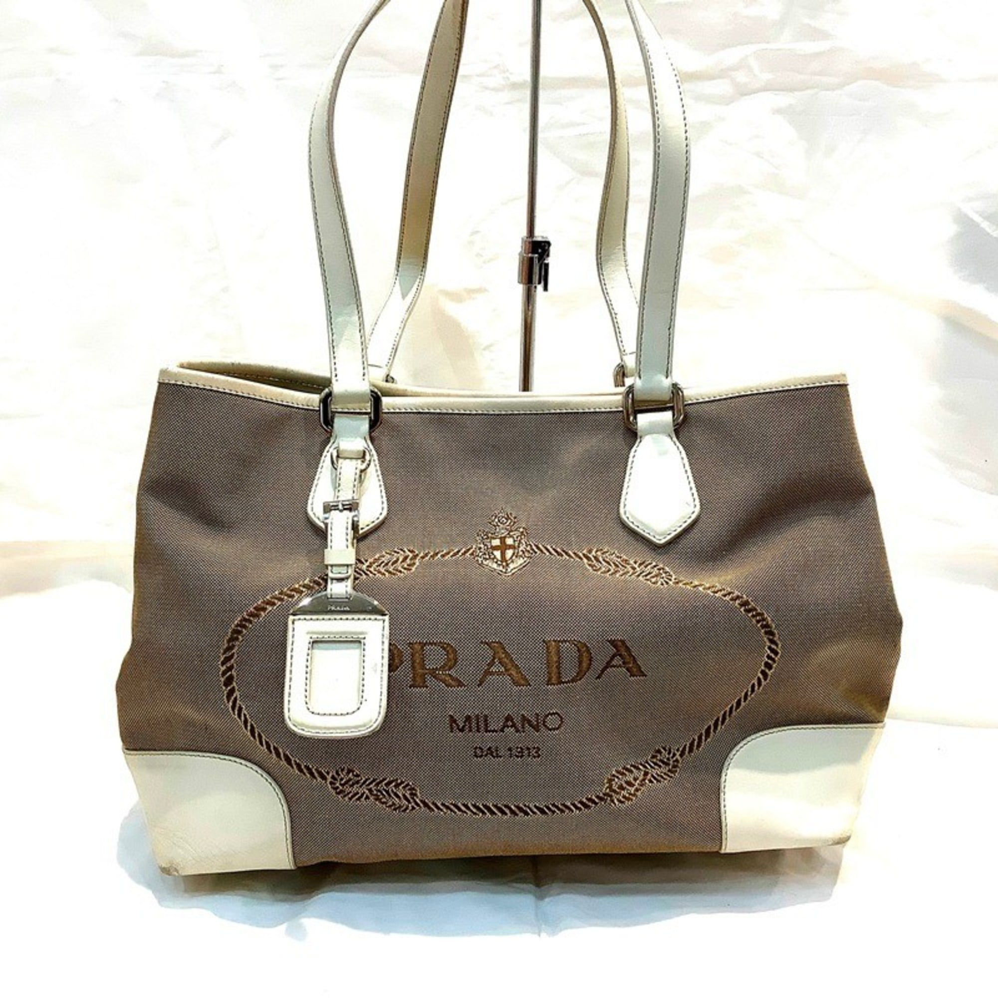 Pre-Owned PRADA Jacquard Tote Bag BR3412 White x Brown Beige Corner ...