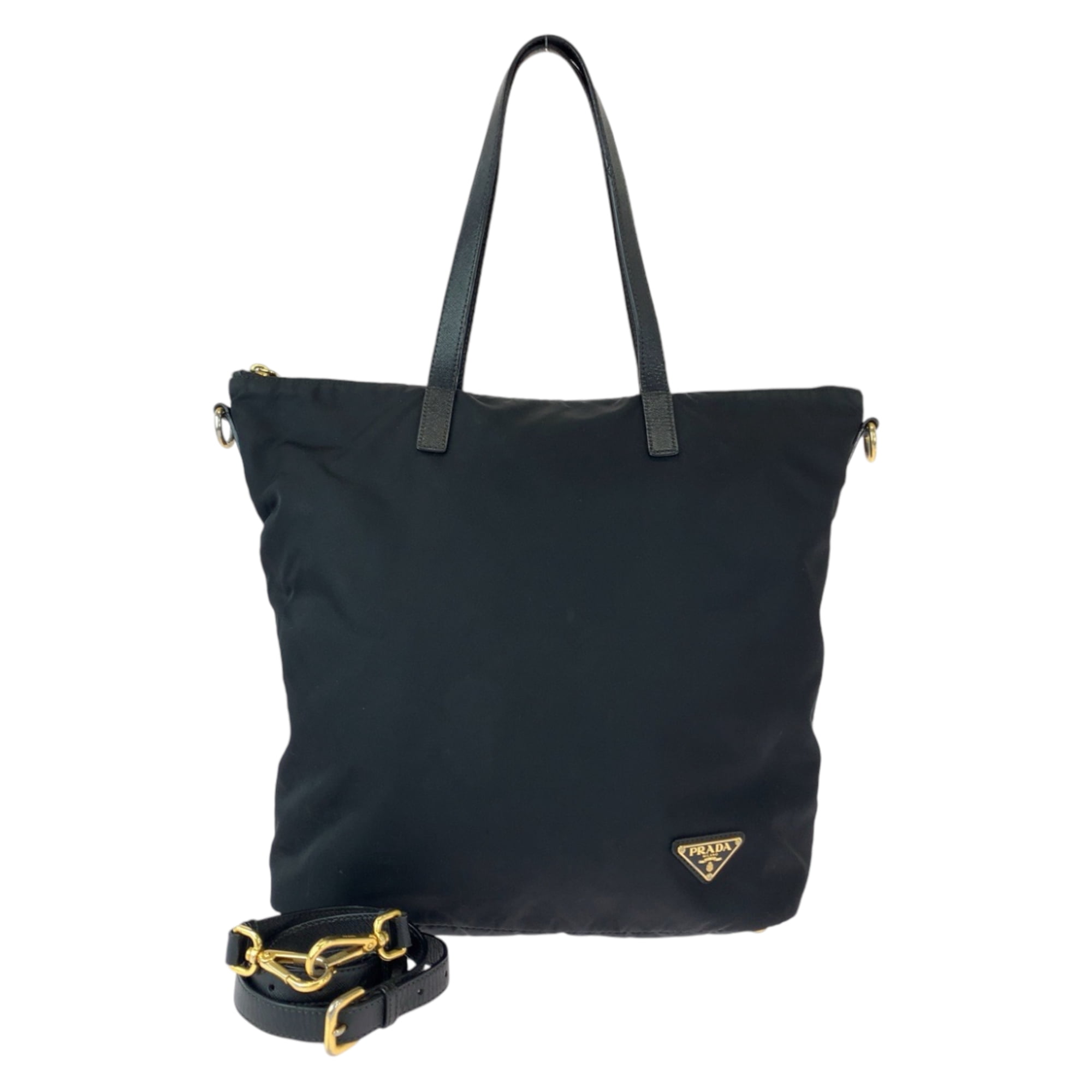 Pre-Owned PRADA Prada Tessuto Triangle Logo Plate Black Gold Hardware ...