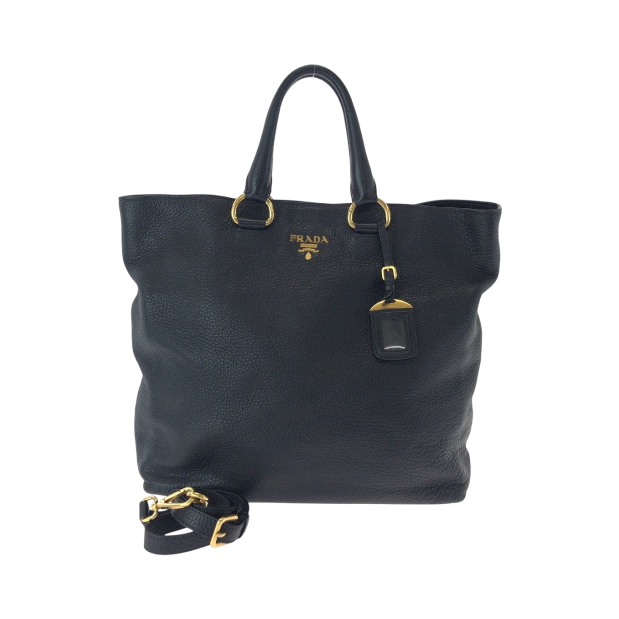 Pre-Owned PRADA Prada Vitello Dino Logo Black Gold Hardware Leather ...