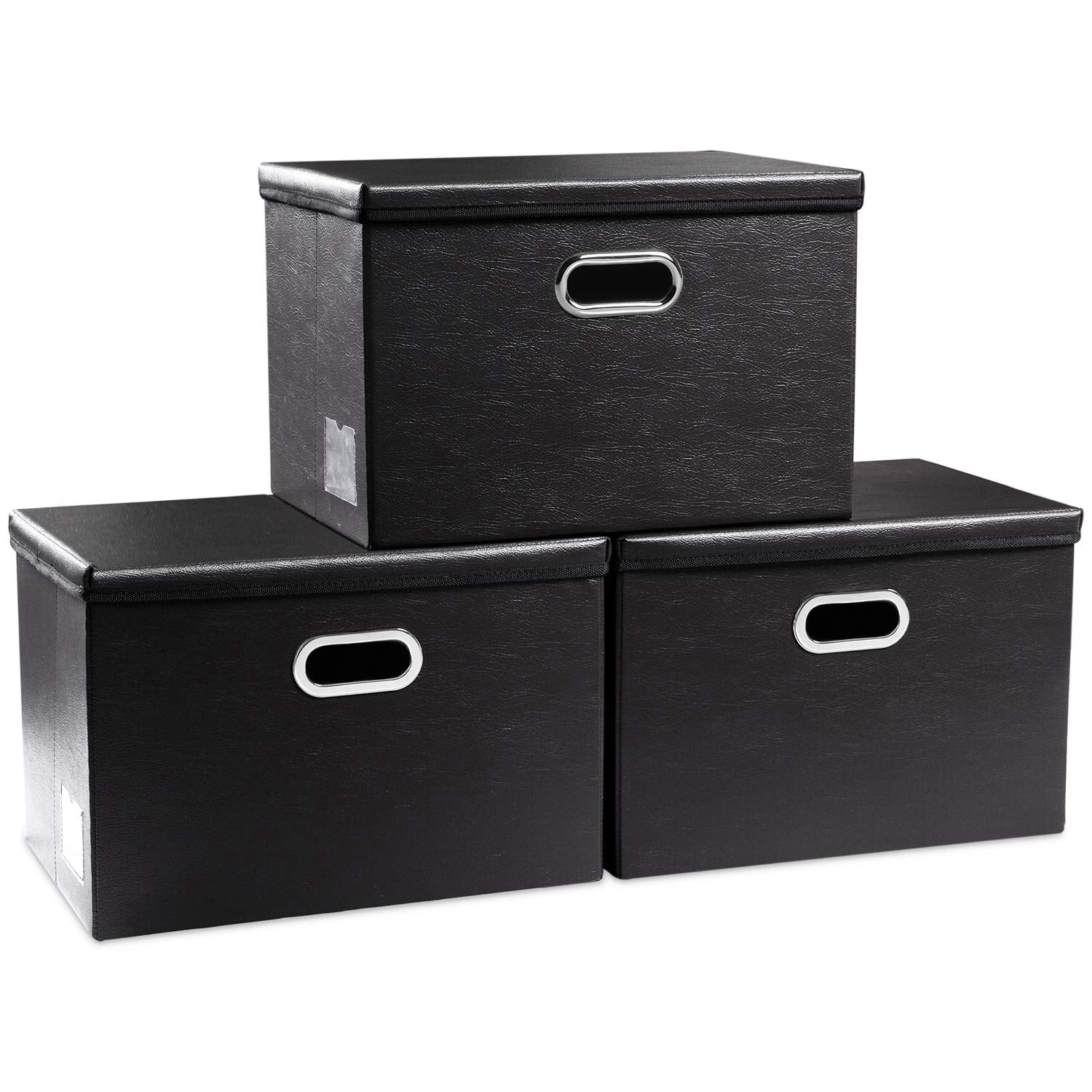 PRANDOM Large Foldable Storage Bins with Lids [3-Pack] Leather Fabric ...