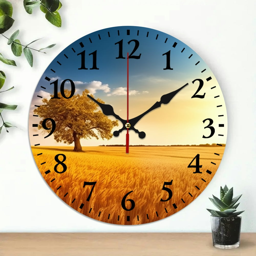 PRATYUS 10-Inch Round Wooden Wall Clock, Sunset Wheat Field Landscape ...