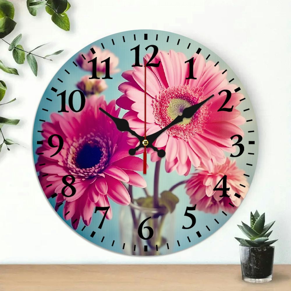 PRATYUS 10 Inch Wooden Wall Clock with Flowers Vase Blue Background ...