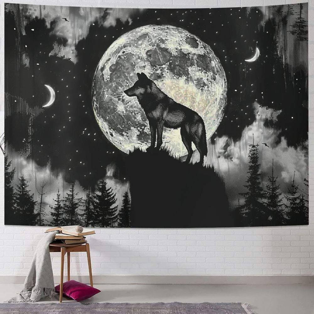 PRATYUS Abstract Wolf Tapestry Misty Forest Starry Sky Mountain Full ...