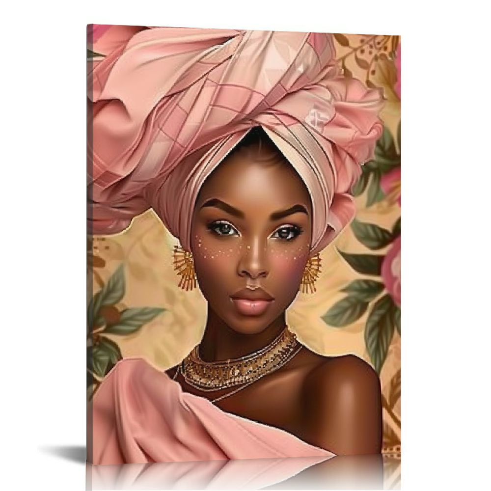 PRATYUS African American Wall Art, Pink Pretty Black Woman Portrait Canvas Wall Art, African ...
