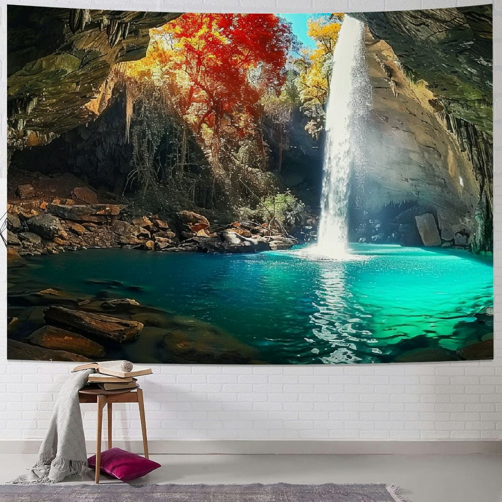 PRATYUS Autumn Waterfall Wall Hanging Tapestry Forest Stone Cave ...