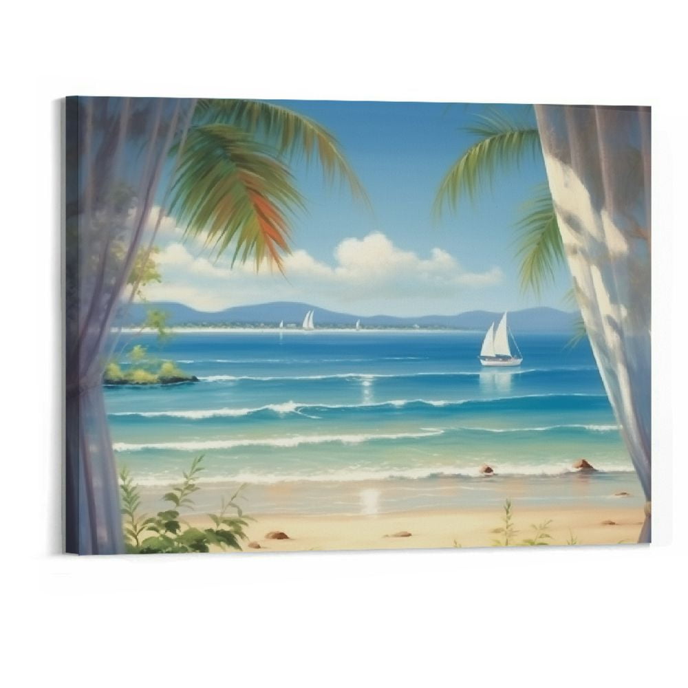 PRATYUS Beach Canvas Window Picture Seascape Wall Art Window Frame Style Canvas Wall Decor Wave ...