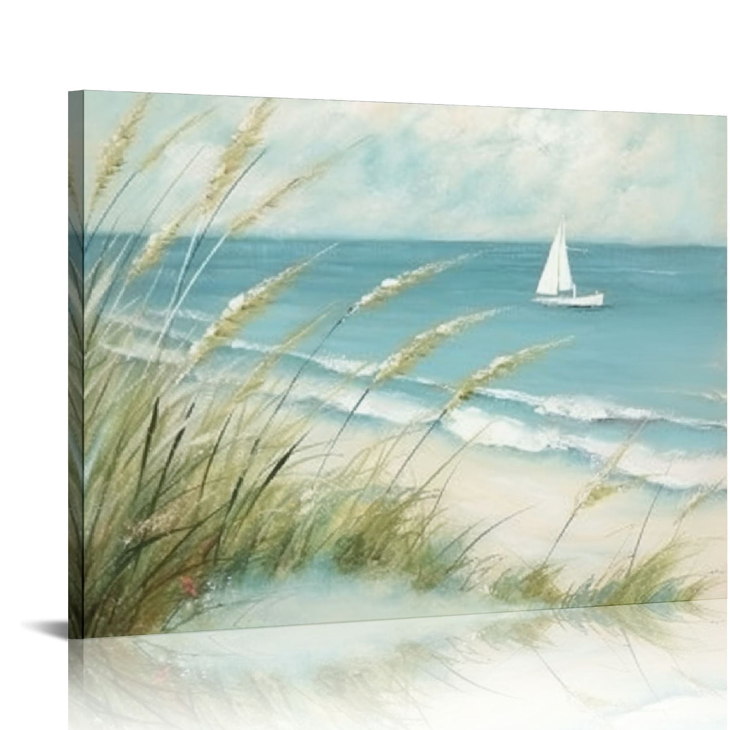 PRATYUS Beach Sea Canvas Wall Art: Seaside Coastal Reed Painting Blue ...