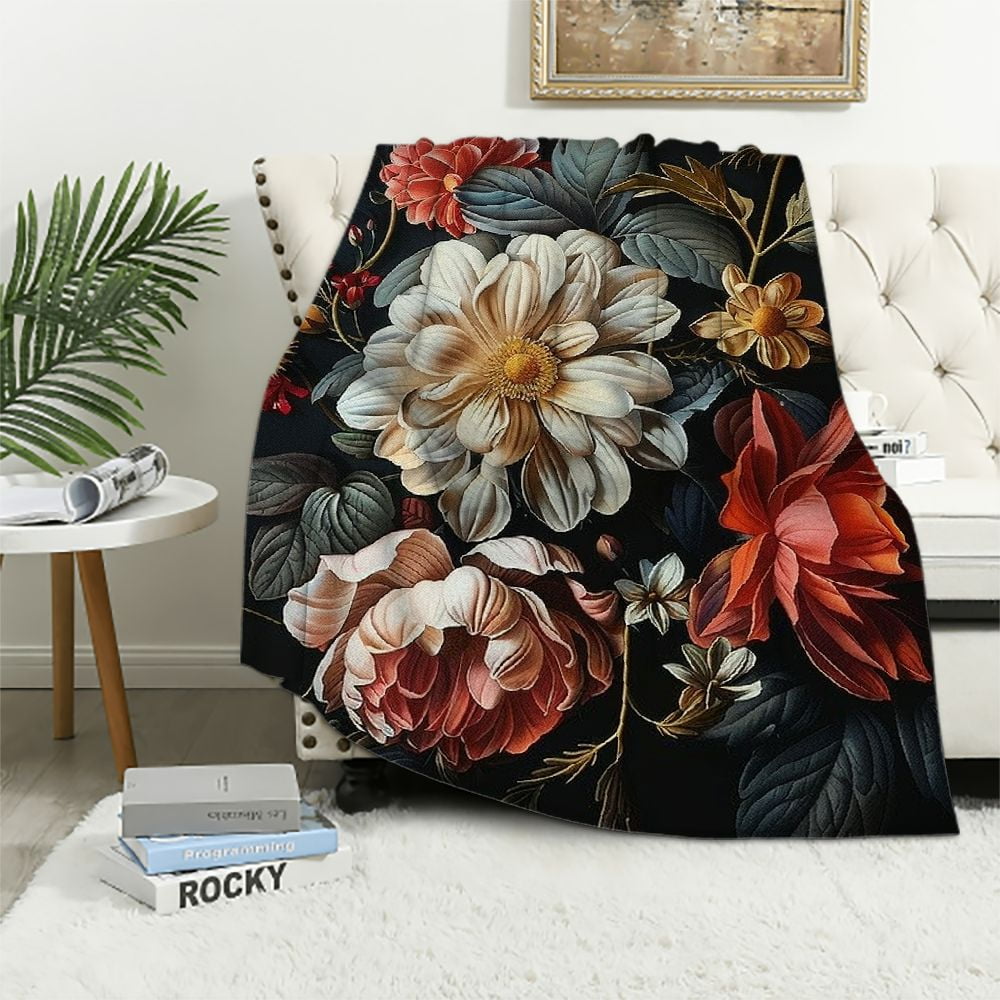 PRATYUS Black with Gold Leaf Floral Blanket Spring Summer Floral Throw ...
