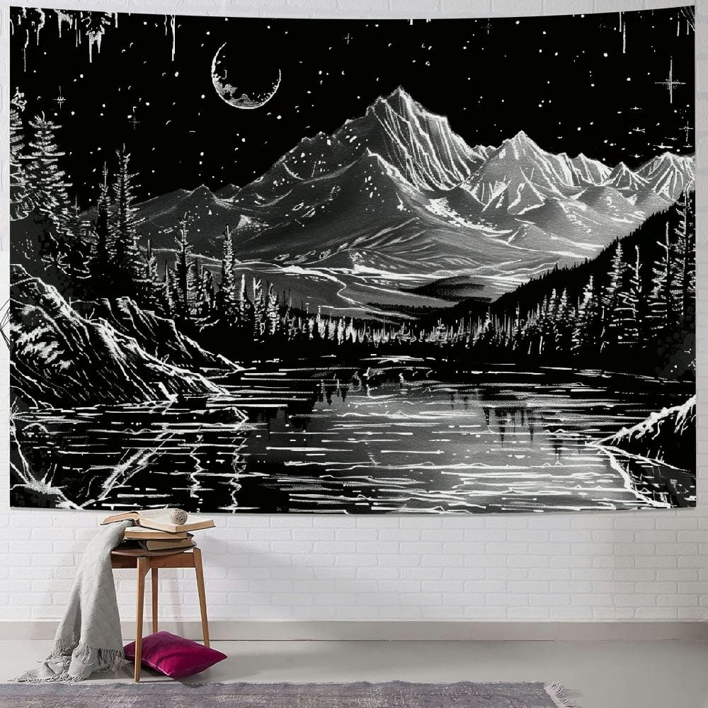 PRATYUS Black and White Tapestry Starry Night Mountain Tapestries for ...