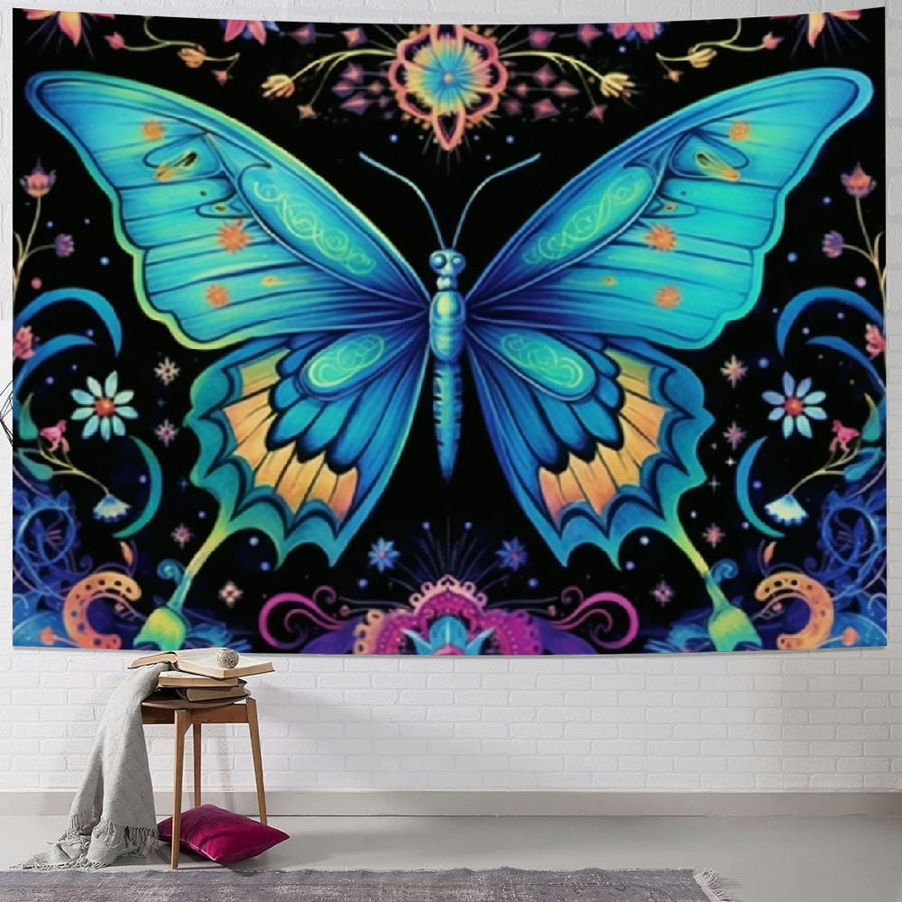 PRATYUS Blue Butterfly Tapestry Boho Floral Tapestries Botanical Moon ...