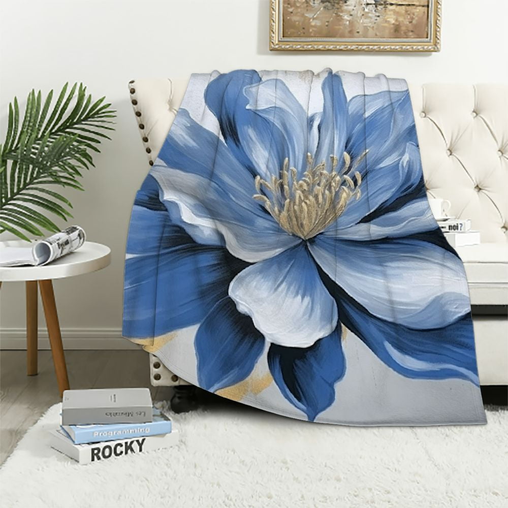 PRATYUS Blue Flower Throw Blanket for Sofa Couch Cozy Flannel Travel ...