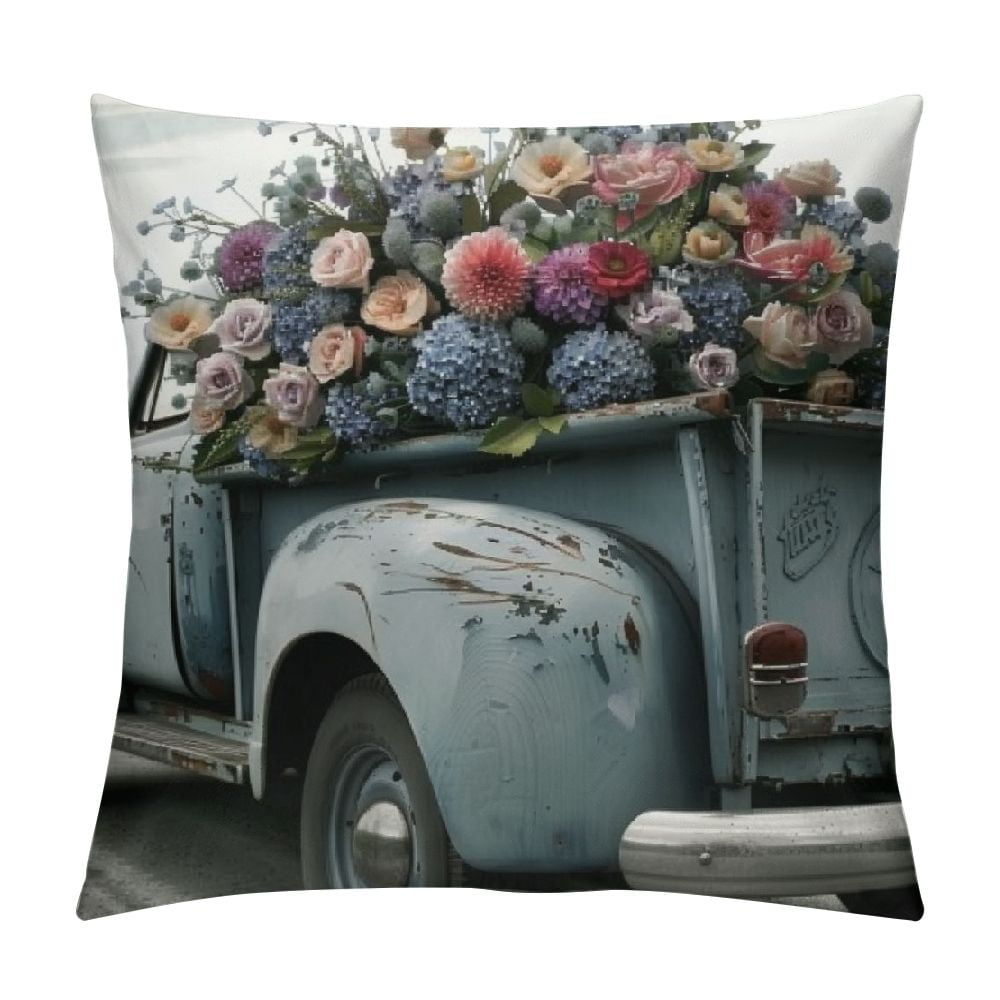 PRATYUS Blue Truck Hydrangea Spring Throw Pillow Covers Pink Floral ...