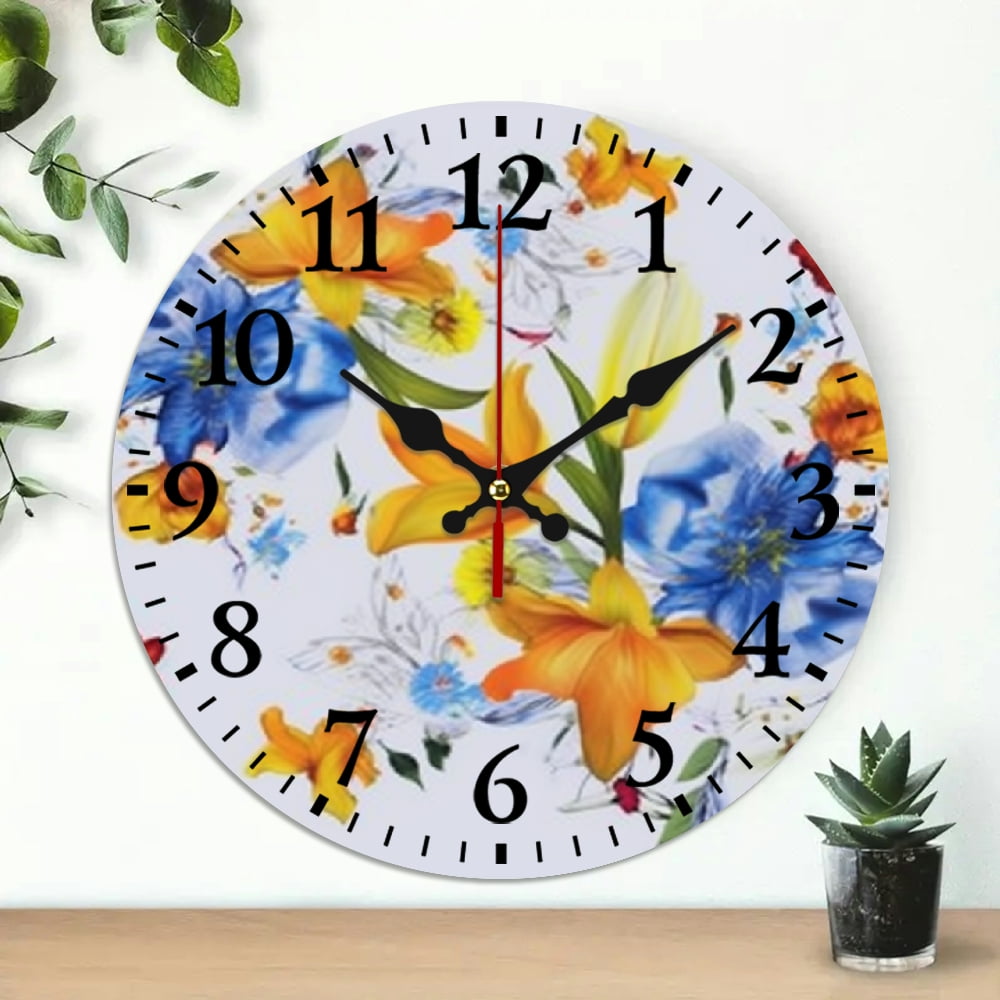 PRATYUS Blue and Yellow Flowers Wooden Wall Clock Decor - Silent ...