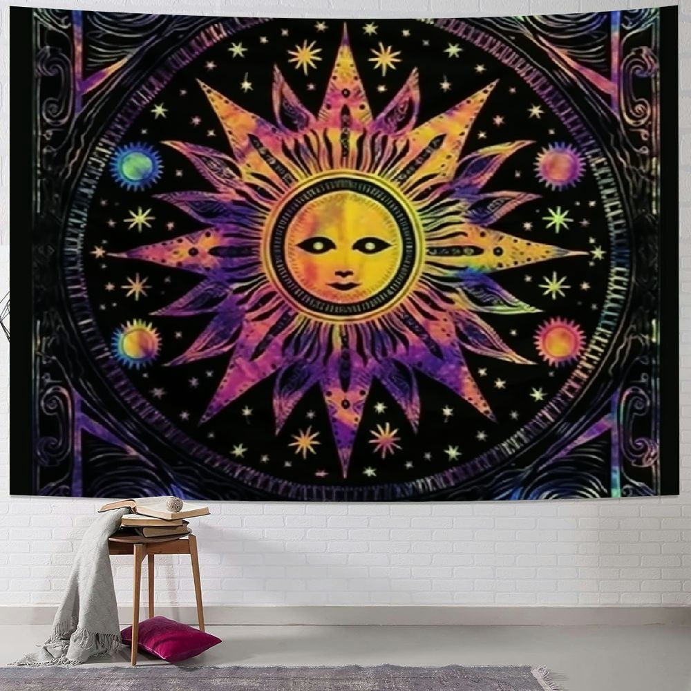 PRATYUS Burning Sun Tie Dye Tapestry, Celestial Sun Moon Star Planet ...