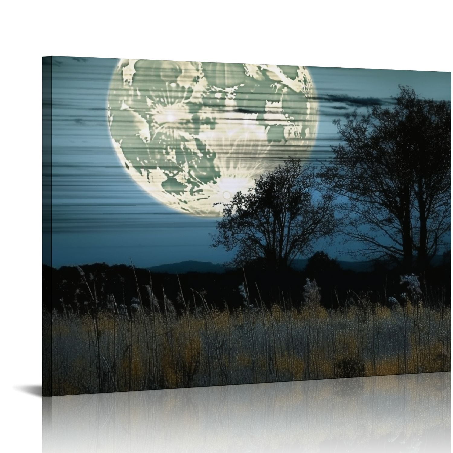 PRATYUS Canvas Print Wall Art Full Moon Blue Sky Dark Forest Plant ...