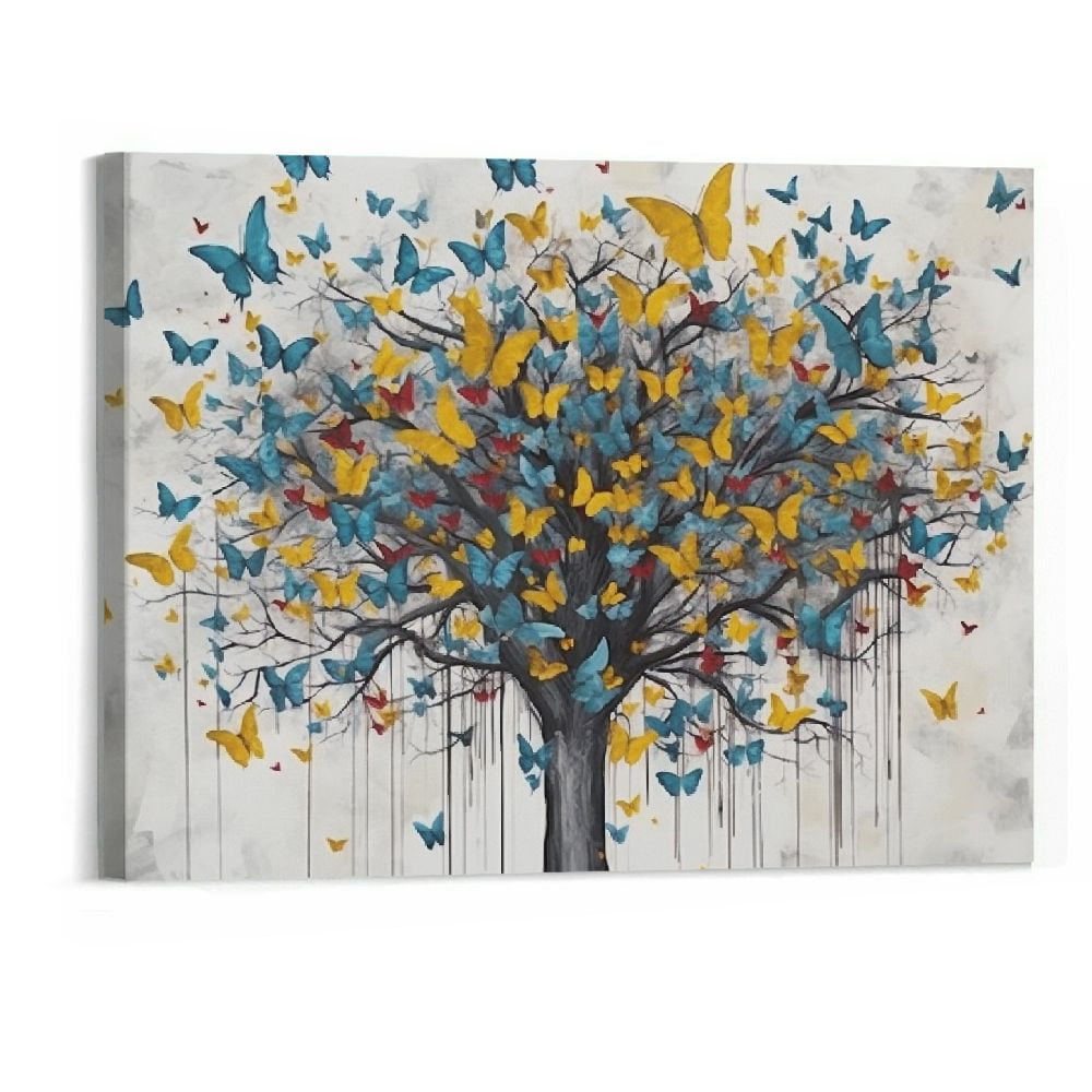 PRATYUS Canvas Wall Art Blue Tree Golden Butterflies Picture Abstract ... PRATYUS Canvas Wall Art Blue Tree Golden Butterflies Picture Abstract ...
