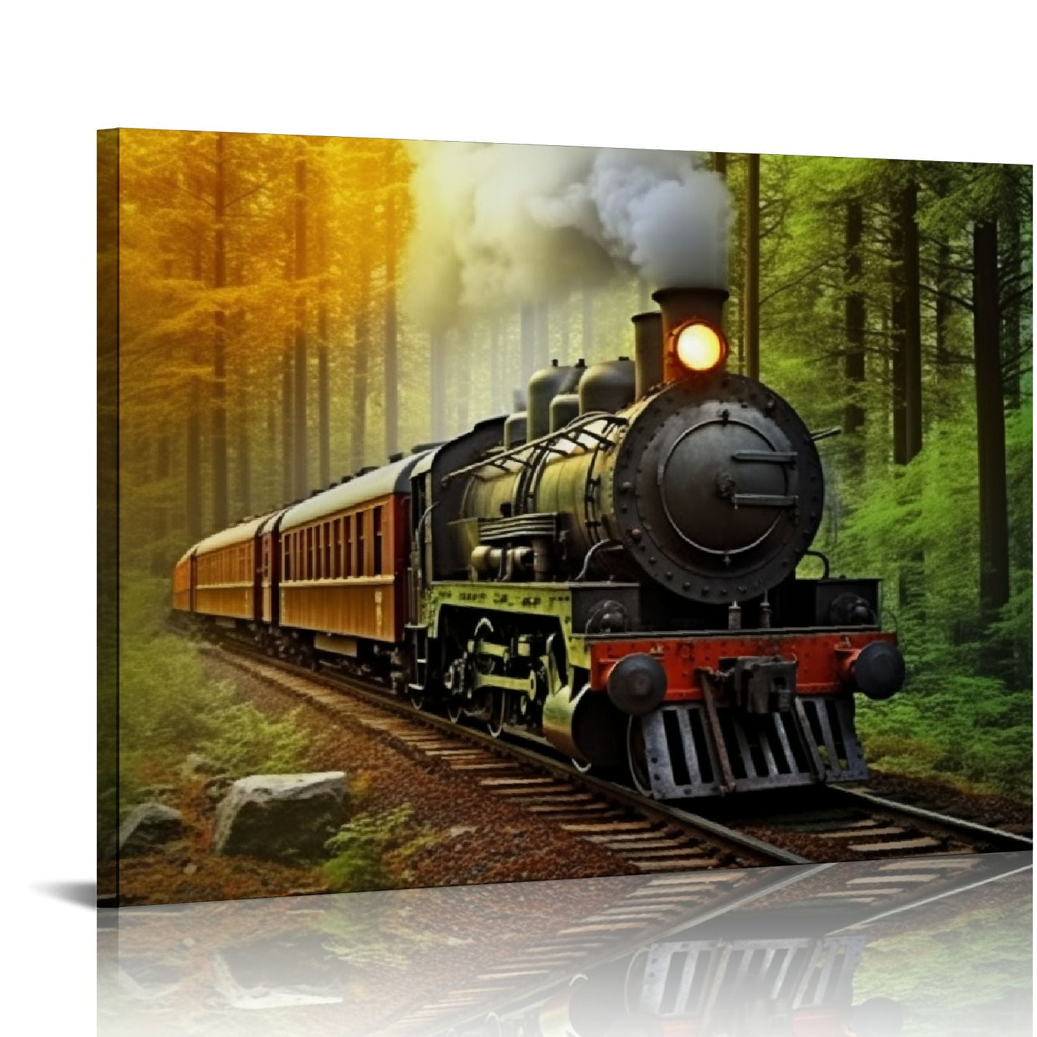 PRATYUS Canvas Wall Art Steam Engine Train in Sunset Forest Wall Art ...