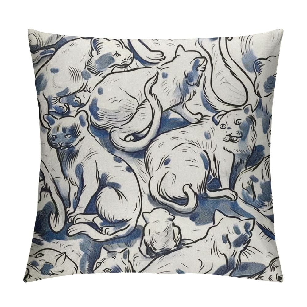 PRATYUS Chinoiserie Ink and Wash Cat Bule Throw Pillow Cover, 18 x 18 ...