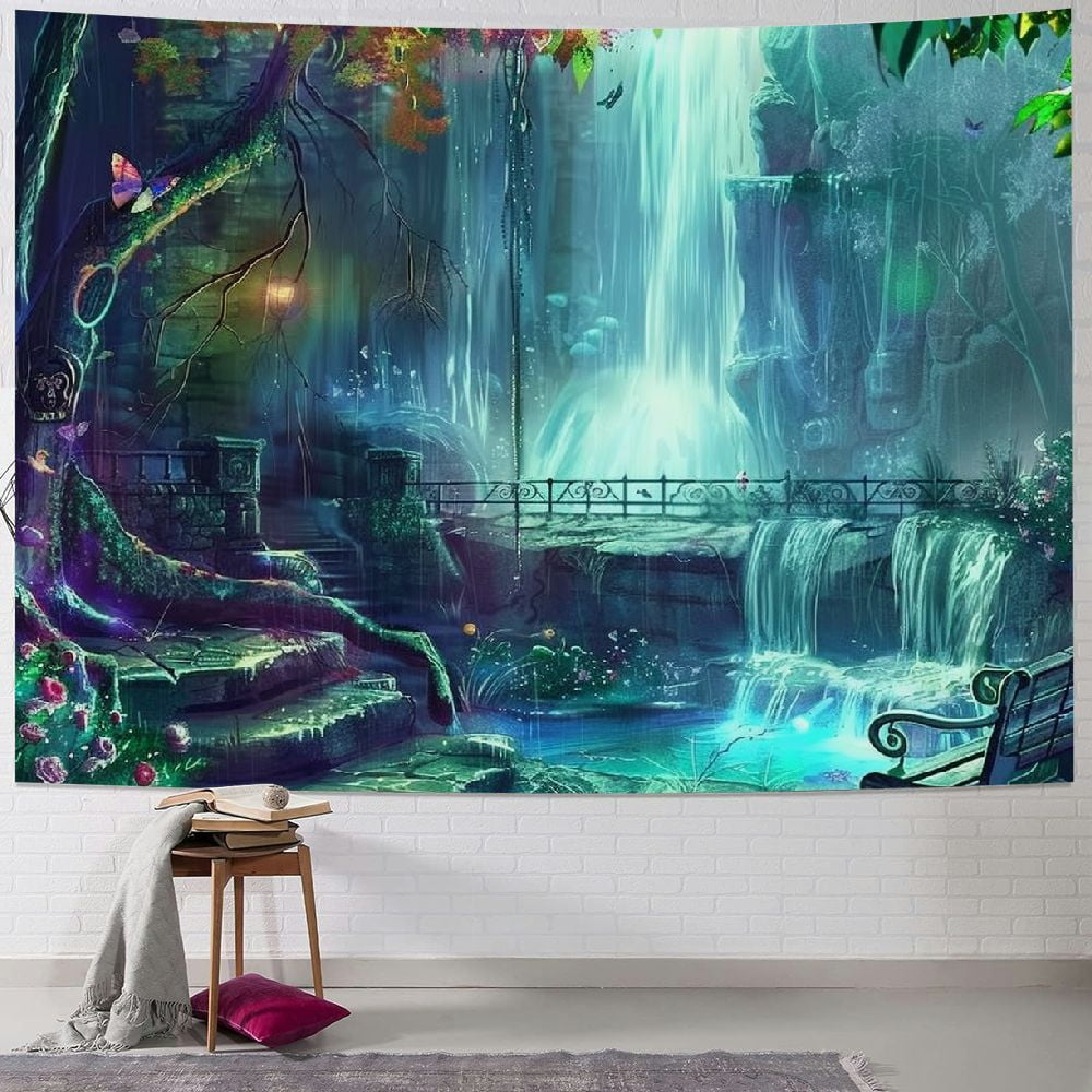 PRATYUS Enchanted Forest Tapestry Magic Trees Waterfall Flower Mushroom ...