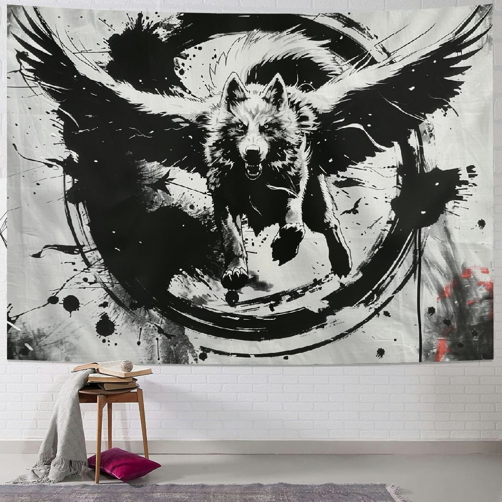 PRATYUS Fantasy Wolf Tapestry Night Forest Black White Tapestries Wall ...