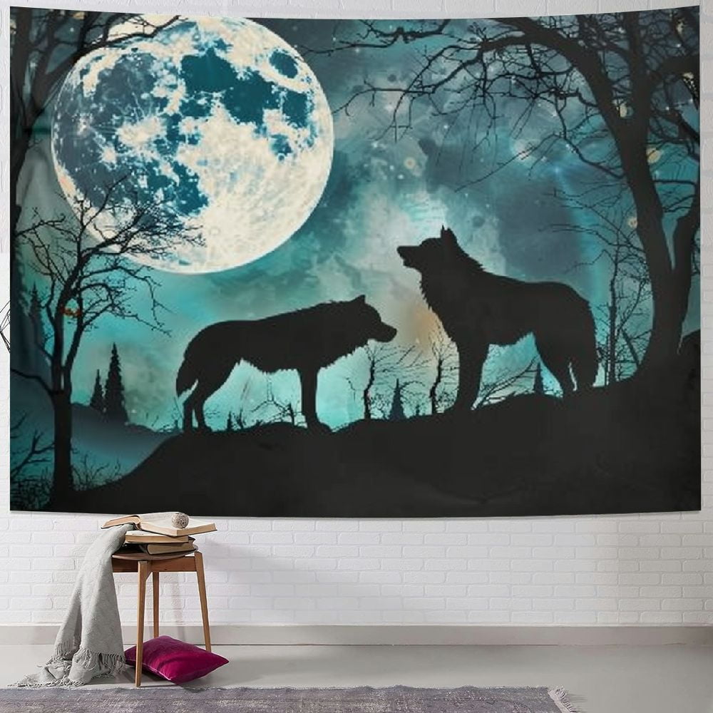 PRATYUS Fantasy Wolf Tapestry Night Forest Starry Sky Mountain Full ...