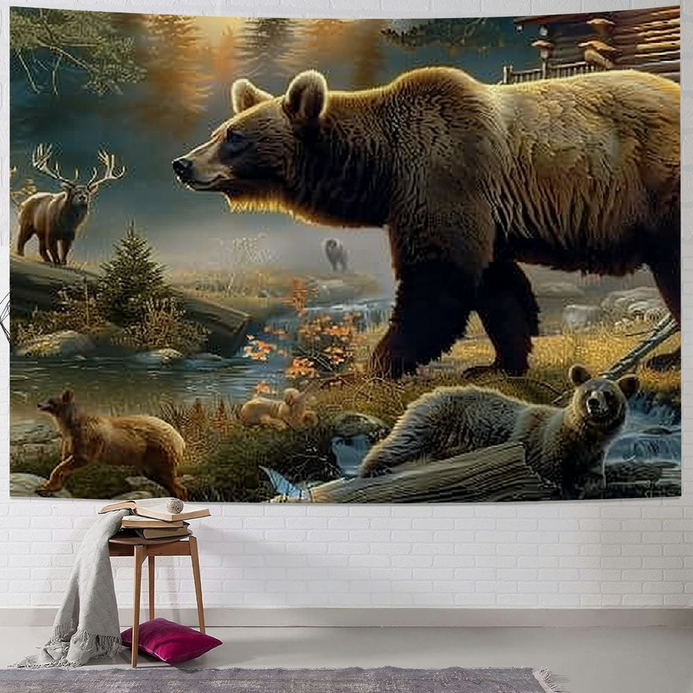 PRATYUS Farmhouse Rustic Cabin Tapestry, Bear Moose Lodge Woodland ...