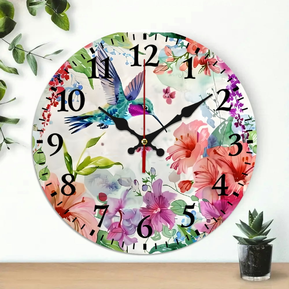 PRATYUS Floral Print Hummingbird Wall Clock Decor Silent Mechanical ...
