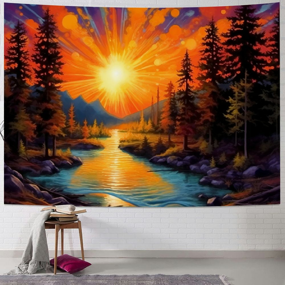 PRATYUS Forest Sun Tapestry Trippy Nature Tree Tapestry Hippie Boho Mountain Wall Tapestry ...