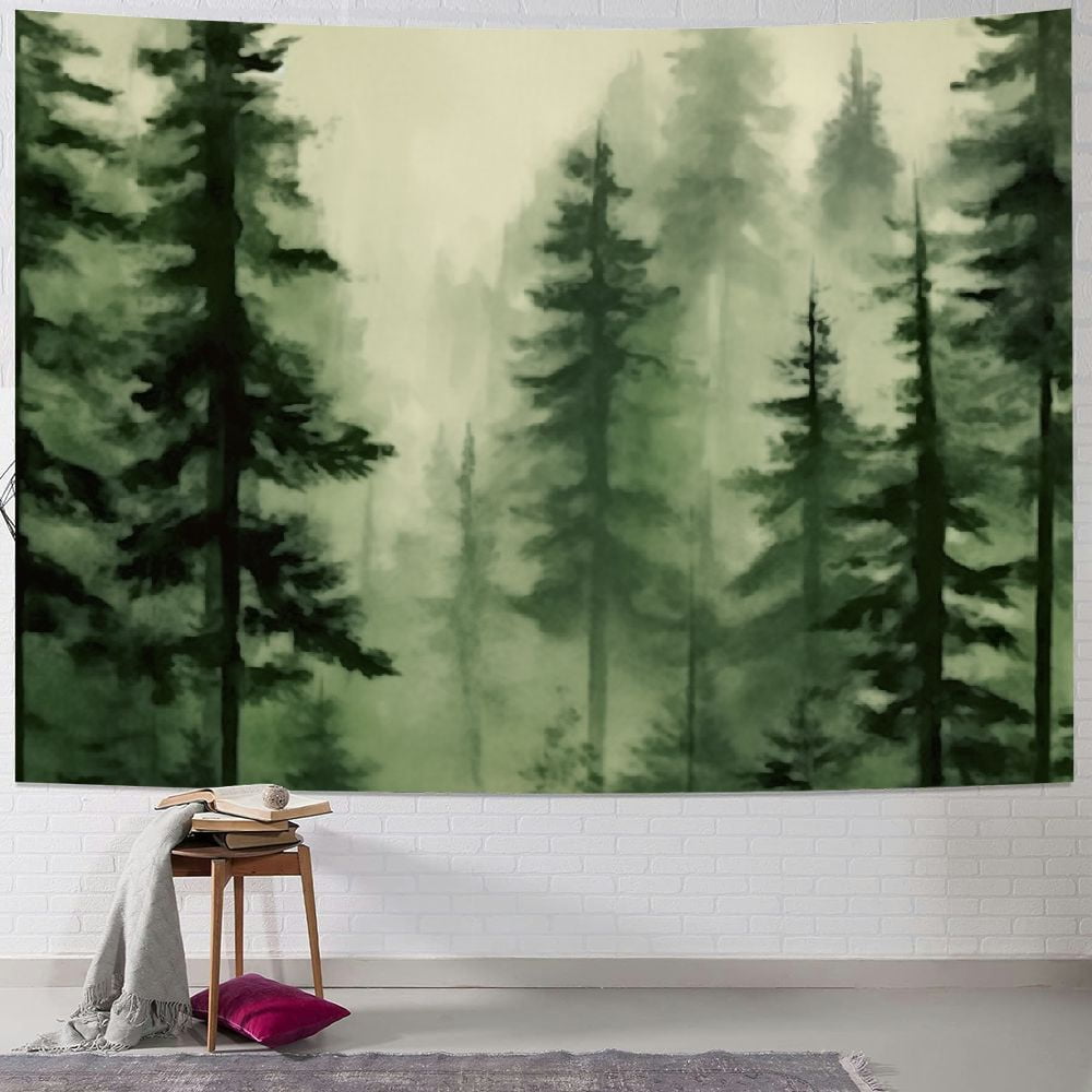 PRATYUS Green Mountain Tapestry, Misty Foggy Forest Watercolor Tree ...