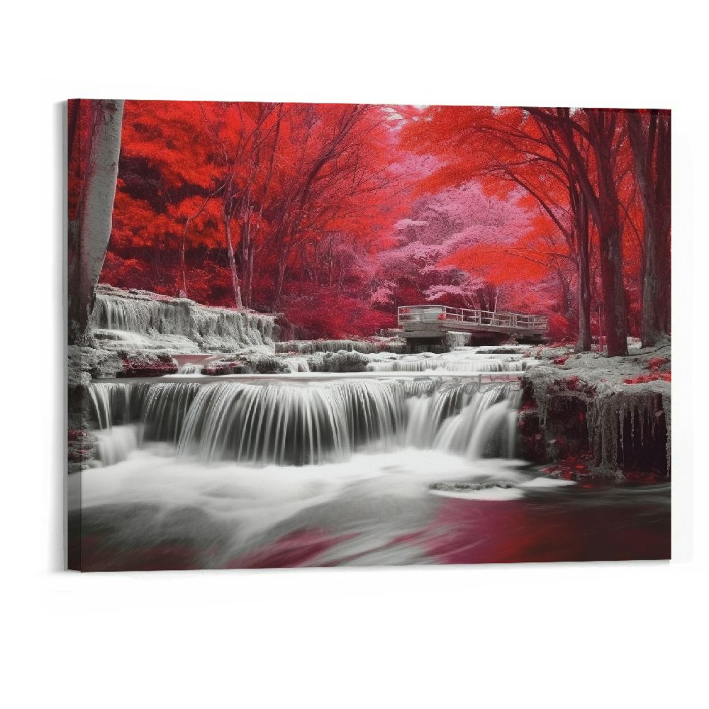 PRATYUS Home Wall Art Décor of Wide Waterfall and Red Leaves,Maple ...