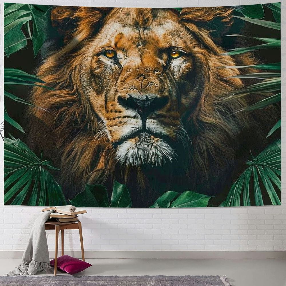 PRATYUS Jungle Lion Tapestry Wall Hanging Tropical Forest Green Plant ...