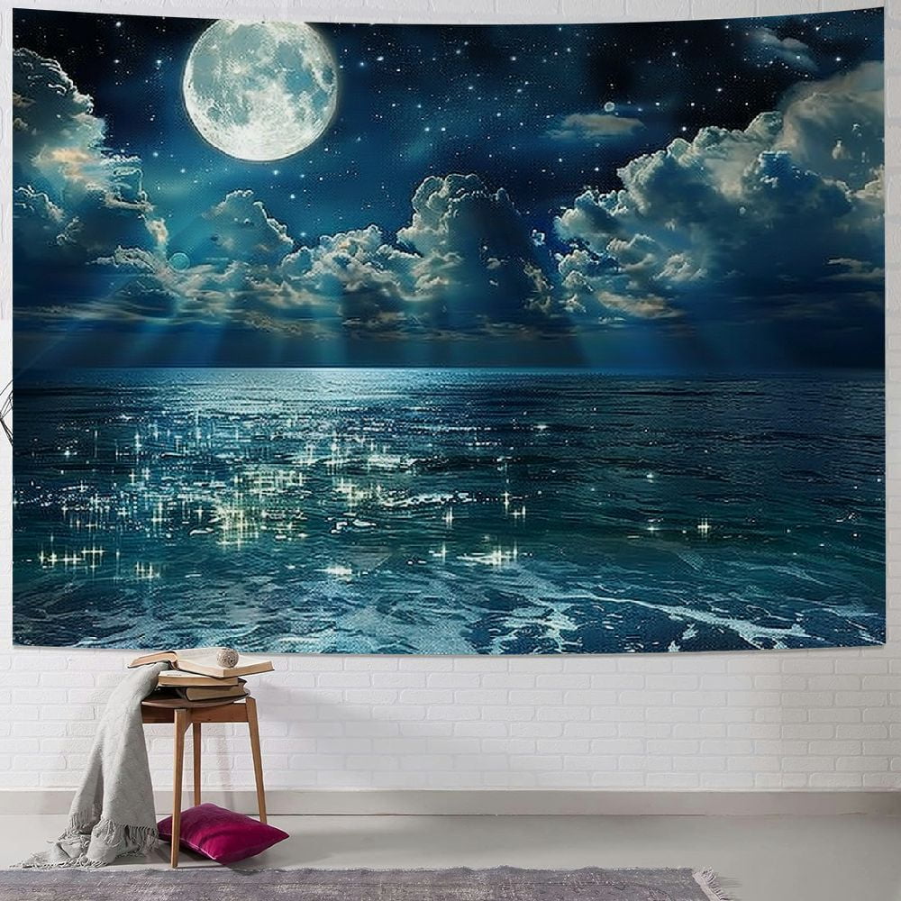PRATYUS Moon Over Ocean Tapestry, Night Sky Tapestry Wall Hanging, 3D ...