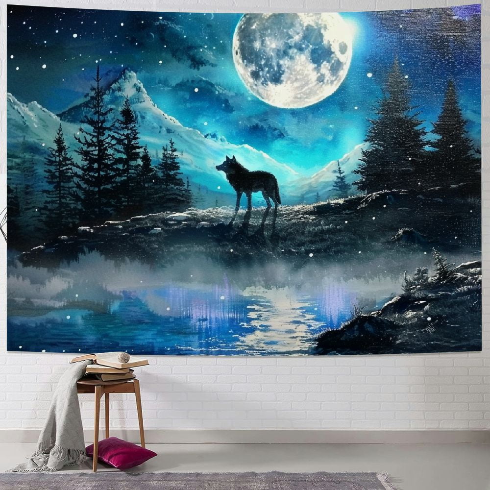 PRATYUS Moon Over Ocean Tapestry Wall Hanging Galaxy Wolf on Mountain ...
