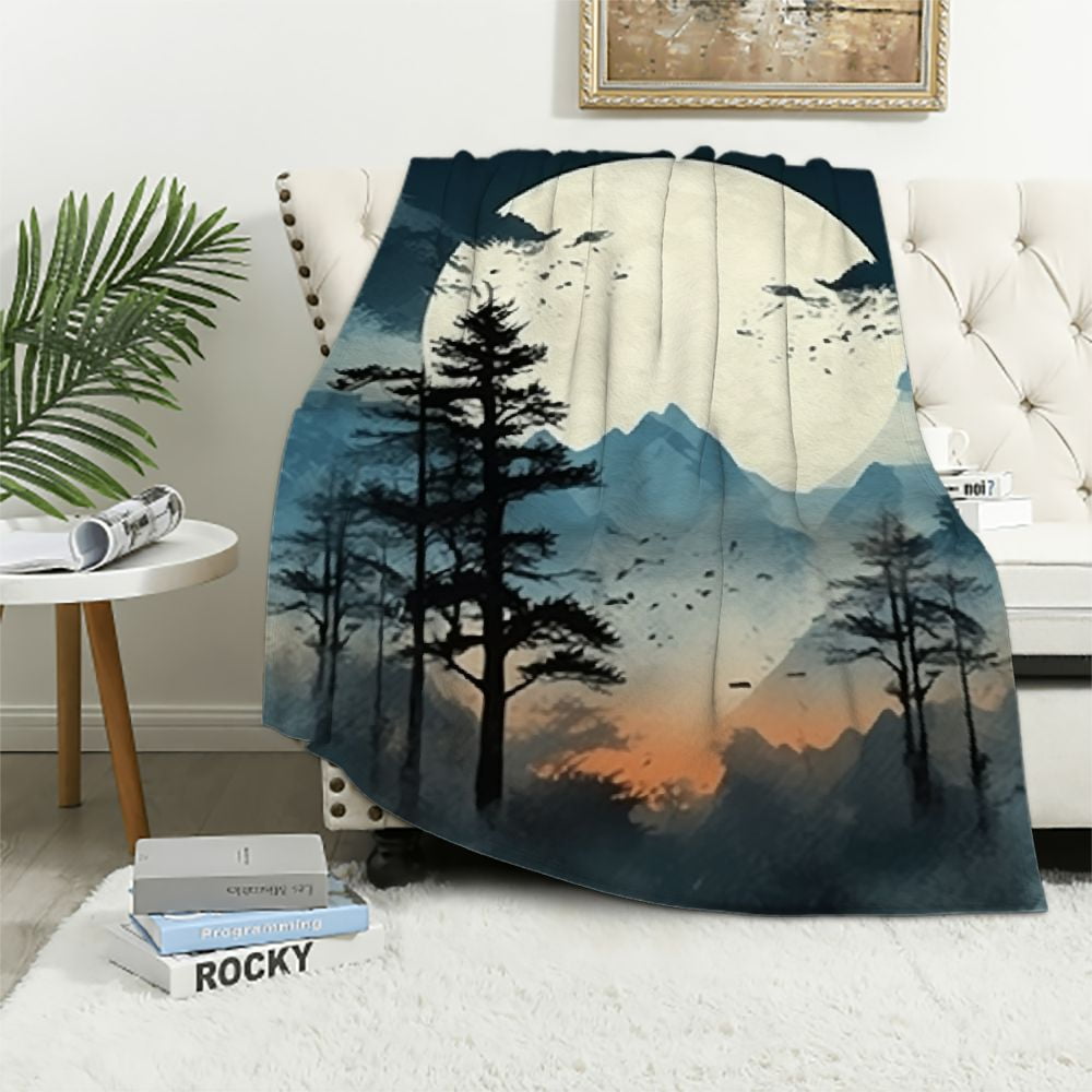 PRATYUS Moon Trees Mountain Flannel Print Throw Blanket for All Seasons ...