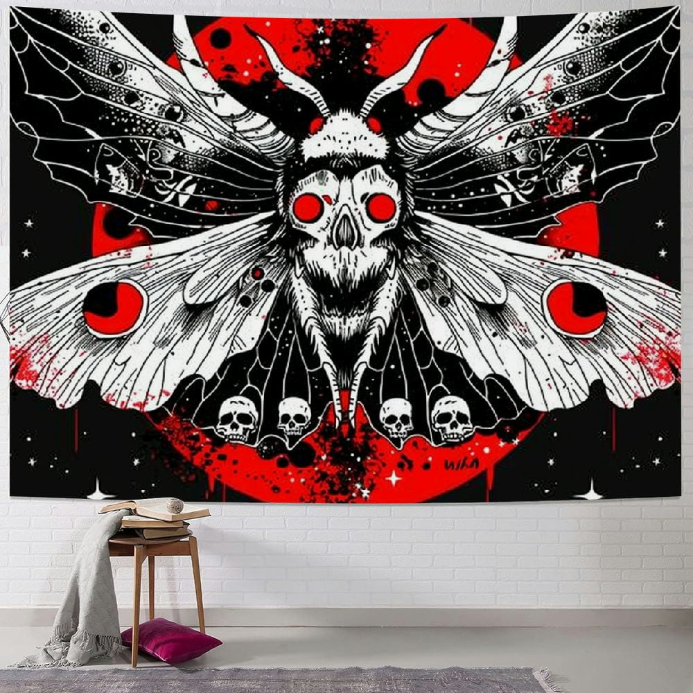 PRATYUS Mothman Tapestry Black Red Bat Tapestries Gothic Skull Tapestry ...