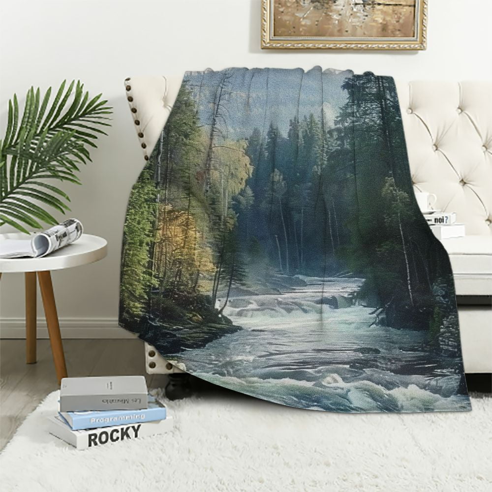 PRATYUS Nature Throw Blanket, Mountain River Along Forest Waterfall ...
