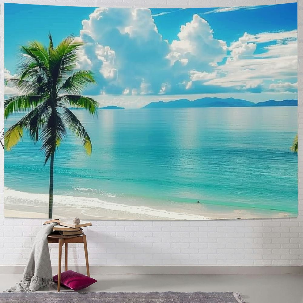 PRATYUS Ocean Beach Tapestry, Hawaii Sea Nature Fake Faux Window Art ...