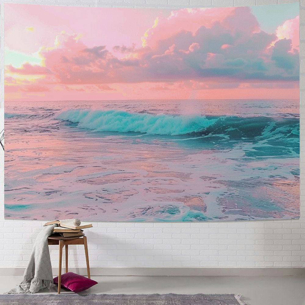 PRATYUS Ocean Pink Sky Tapestry, Teal Sea Ocean with Pink Cloud Wall ...
